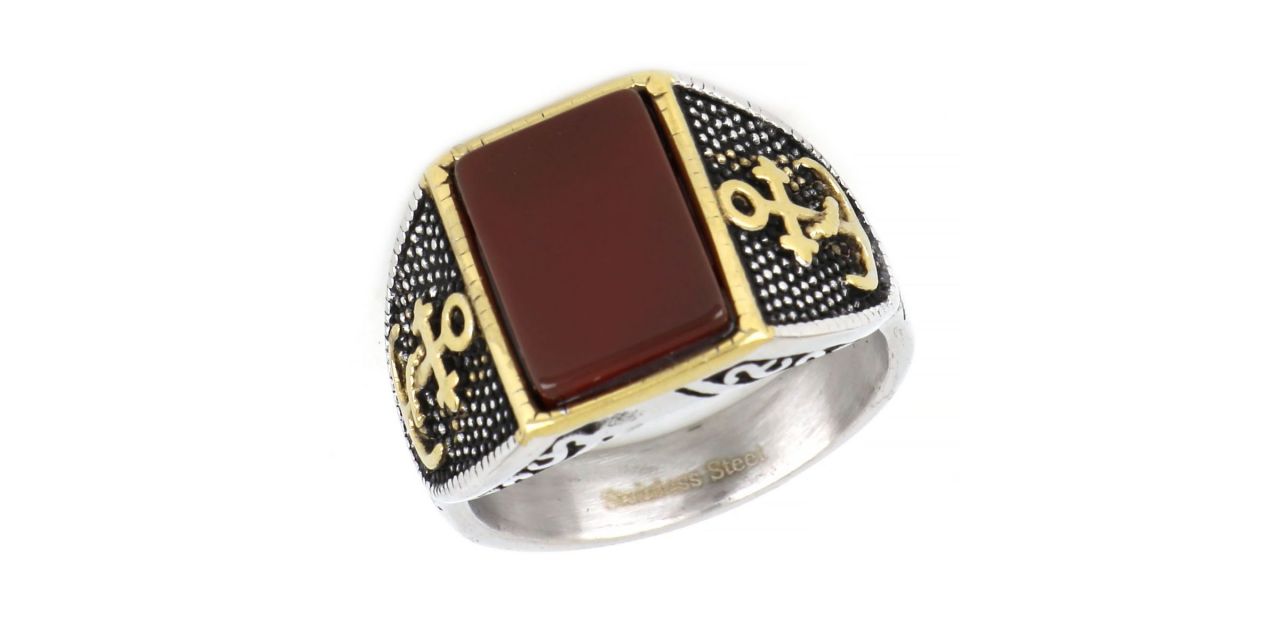 Men's steel ring with embossed gold plated anchor design on the sides ...