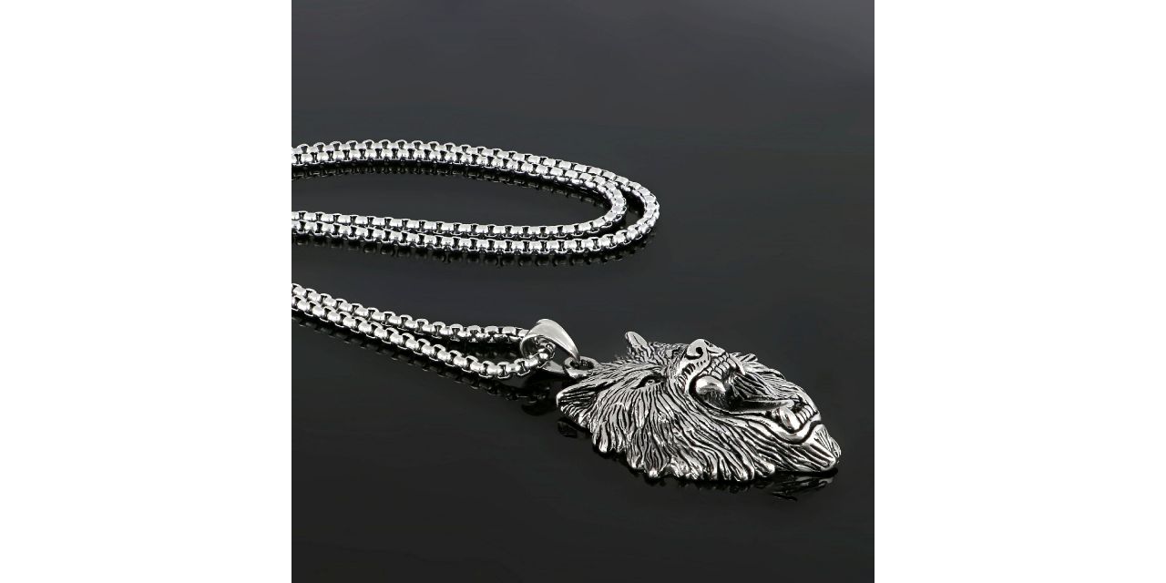 Men's stainless steel pendant with embossed wolf head and chain ME22063 ...