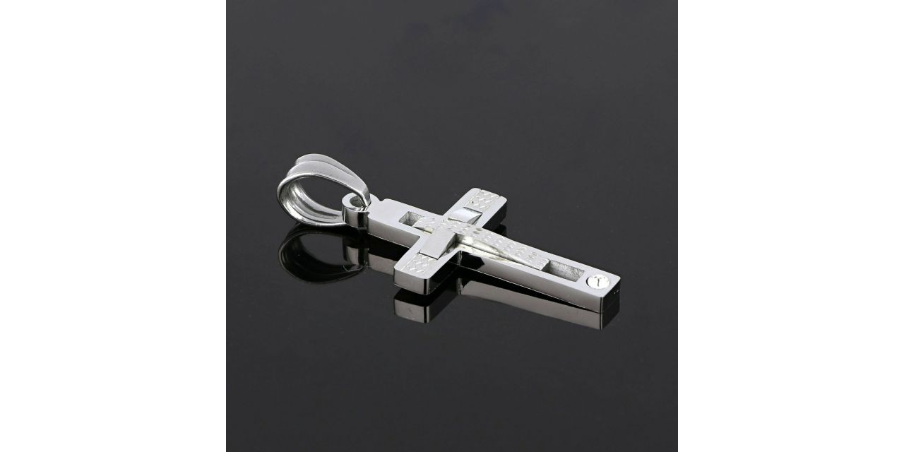 Unisex steel cross white with embossed cross and a cubic zirconia ...