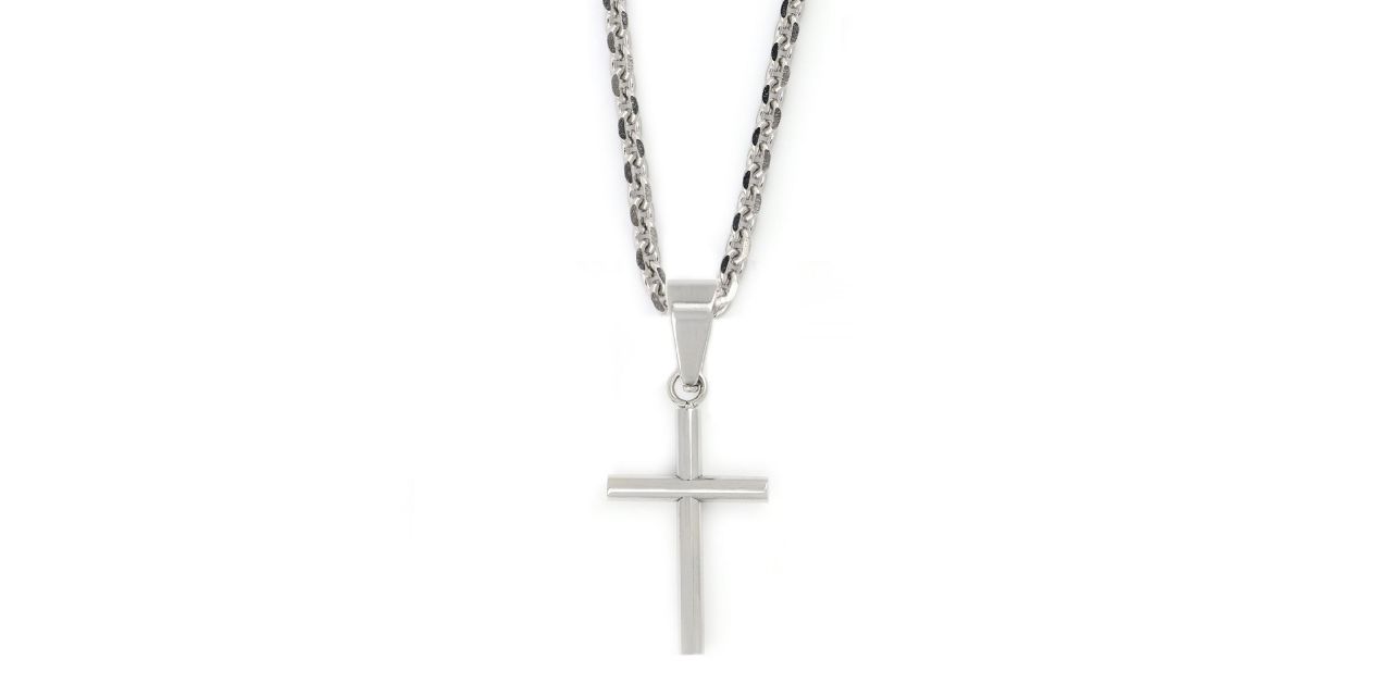 Unisex steel cross white round plain style with chain | Asimetrico.gr