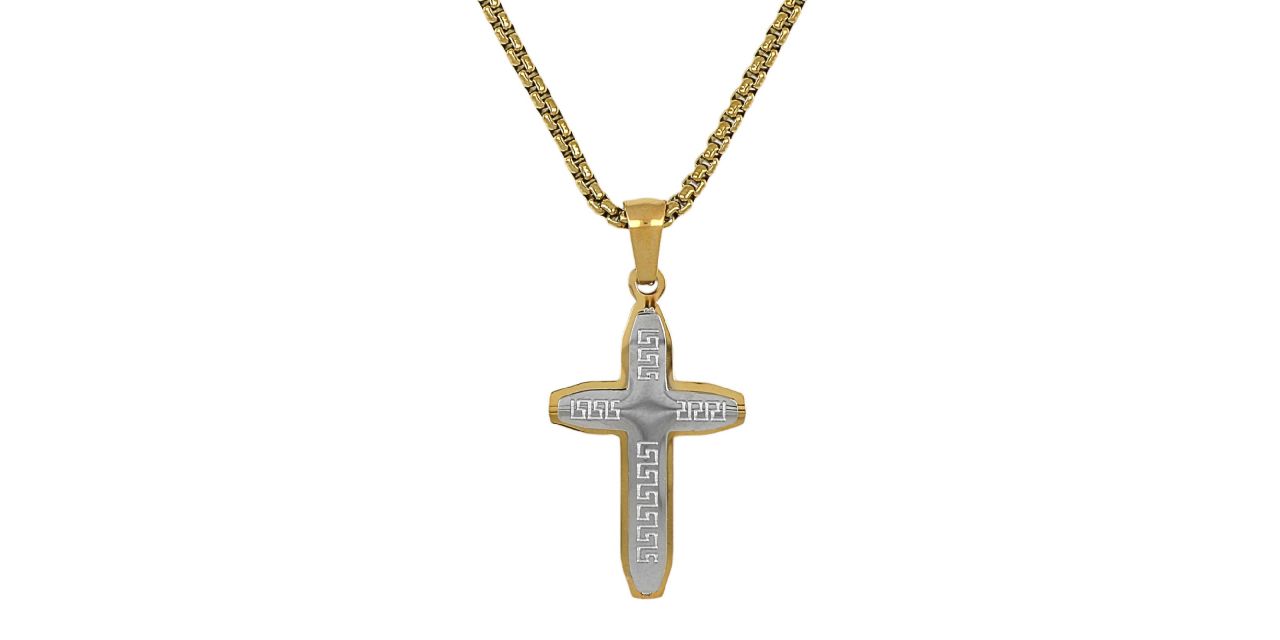 Cross made of stainless steel with gold border and meander with chain ...